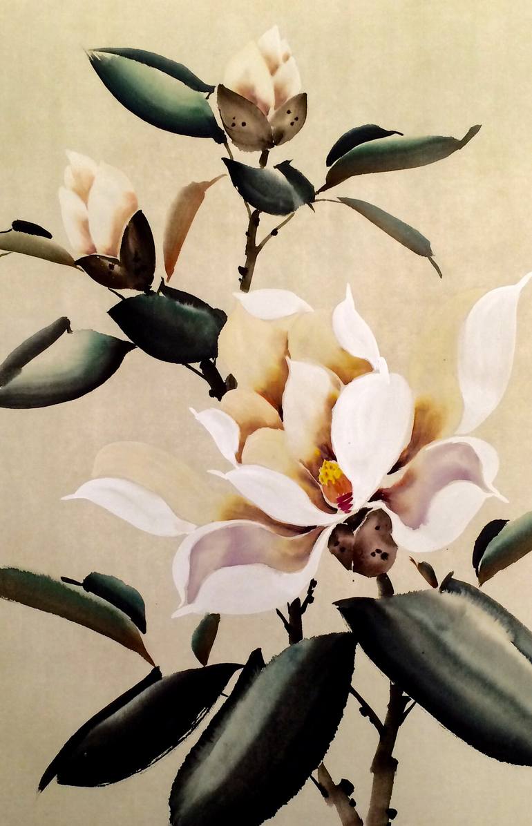 Chinese Painting Magnolia Painting by Mayee Futterman | Saatchi Art