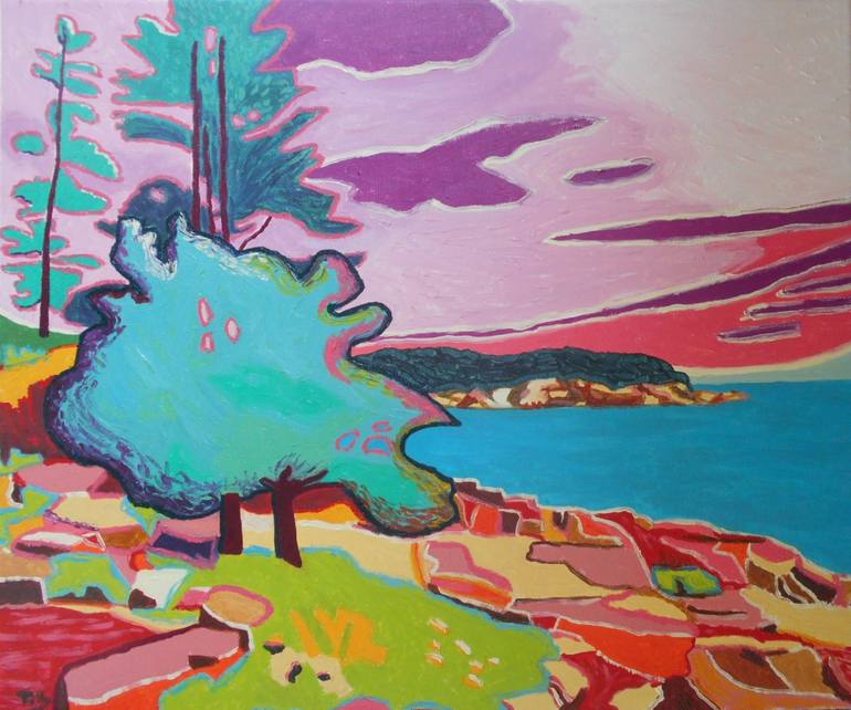 Acadia Park Purple Sky Green Pines Painting by William Tully | Saatchi Art