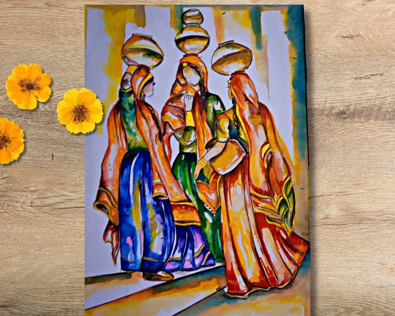 Girls are engaged in a conversation. Painting by Sumera Nadir | Saatchi Art