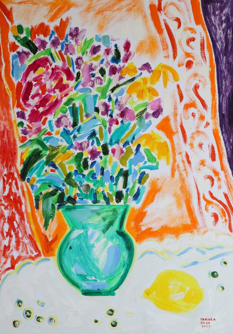 Vase of Flowers and a Lemon Painting by Tamara Jare | Saatchi Art Slovenia