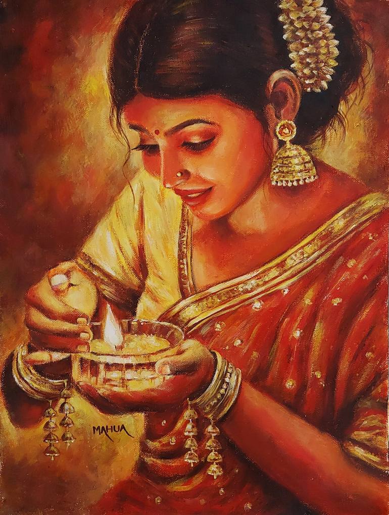 Lady Holding Diwali Lamp Painting by Mahua Pal | Saatchi Art