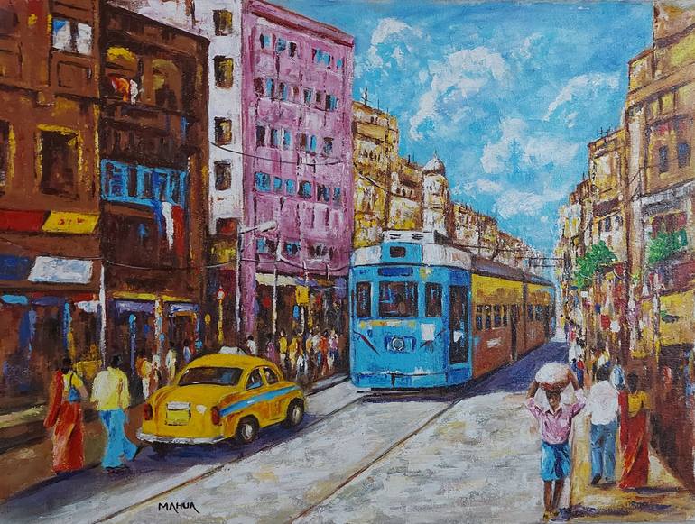 Street in Kolkata (Calcutta) Painting by Mahua Pal | Saatchi Art