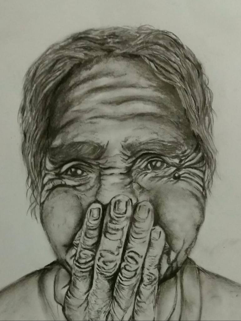 Old women with smiling face Drawing by Taskeen Zahara | Saatchi Art