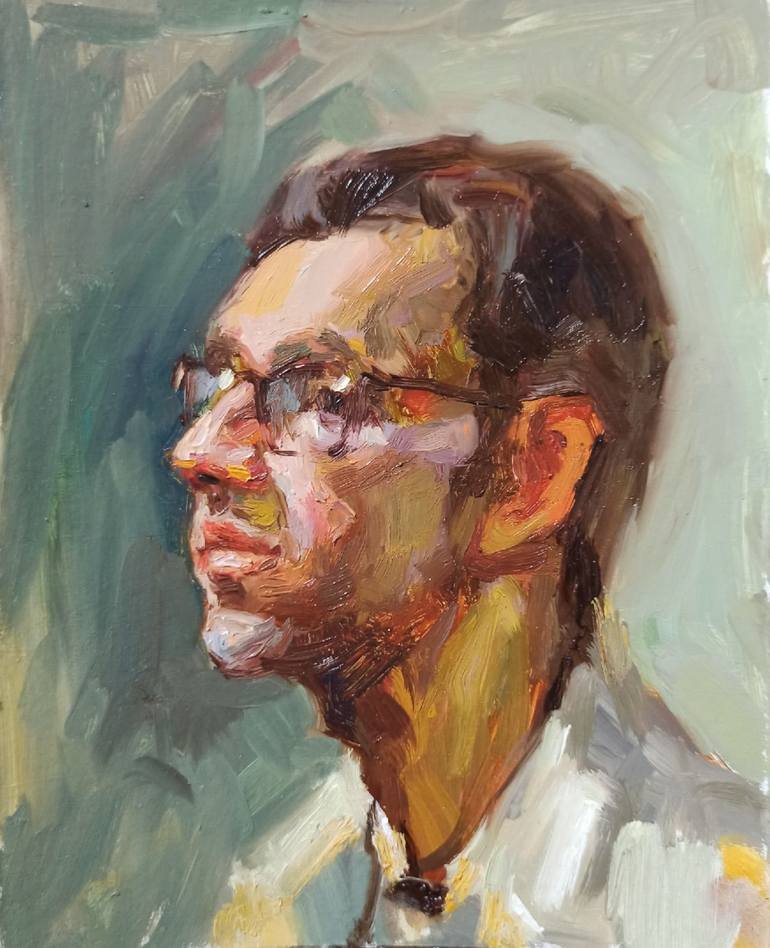 Portrait young male in profile with glasses, Original realistic oil ...