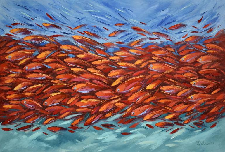 Red Fish Stream Painting by Olga Nikitina | Saatchi Art