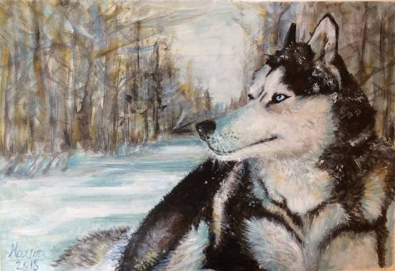 The blue husky Drawing by Marwa Abdelhamid | Saatchi Art