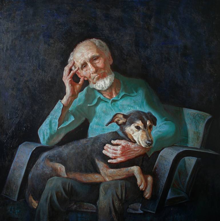 Portrait a man with a dog Painting by Oleg Omelchenko | Saatchi Art