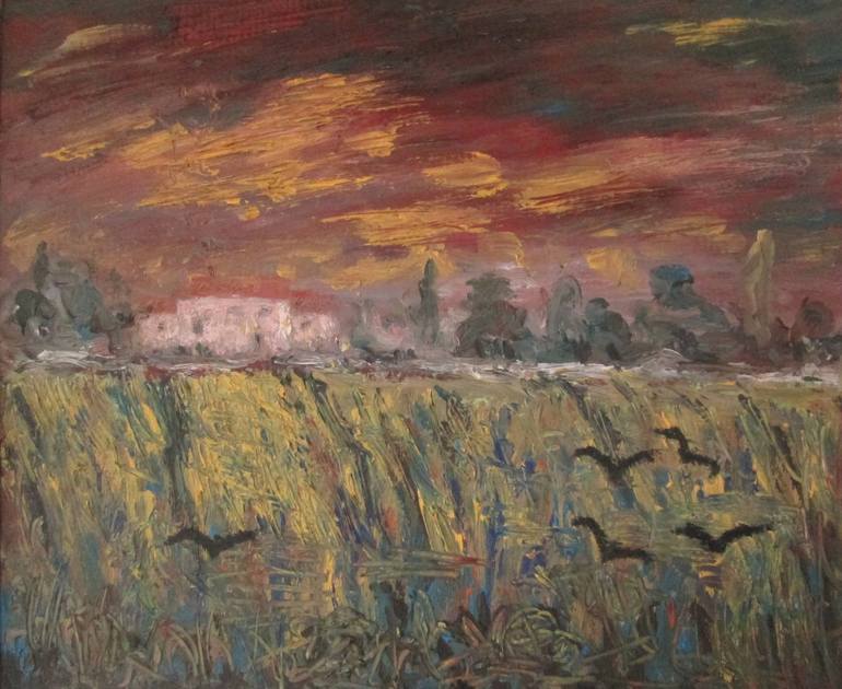 Birds over the fields with a house in background. Painting by Ferran ...