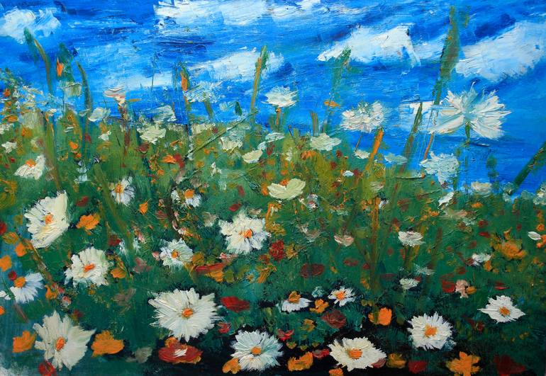 chamomile wild flowers in the grass blue sky with clouds Painting by ...
