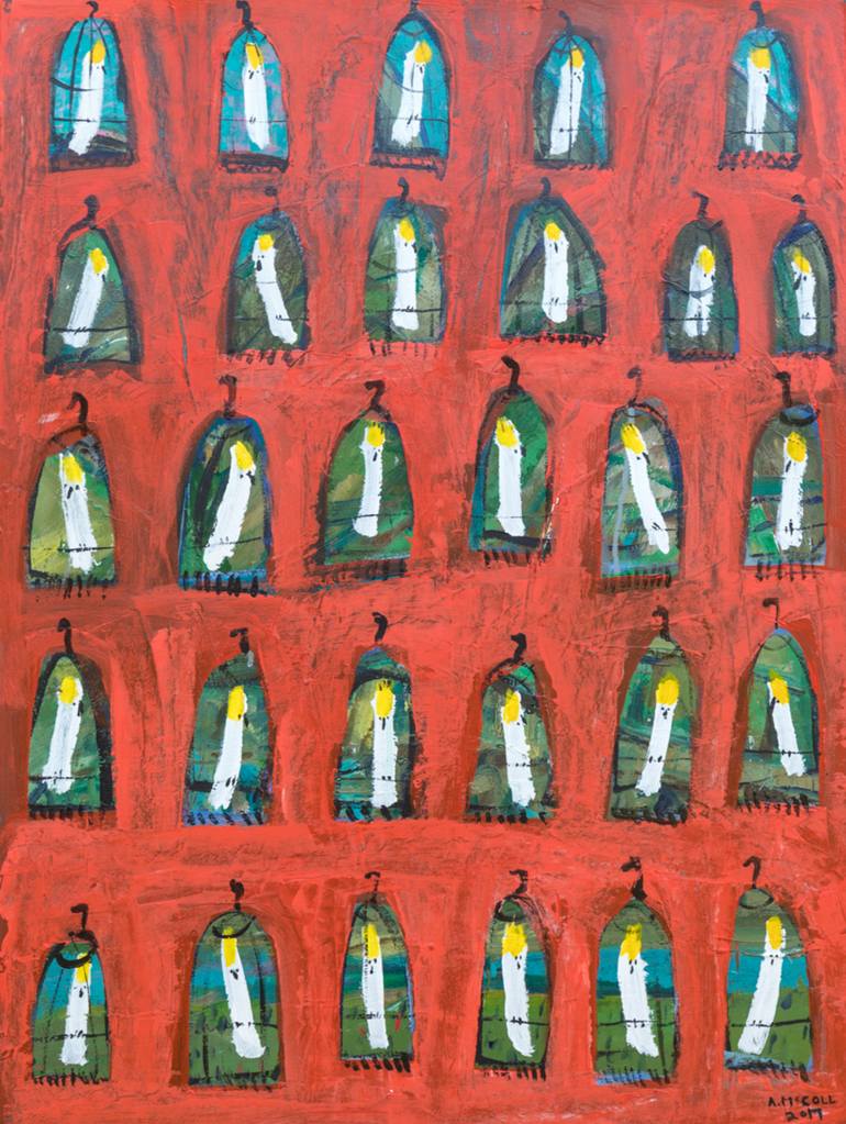 Bird Cages on Red Painting by Amanda Mccoll | Saatchi Art