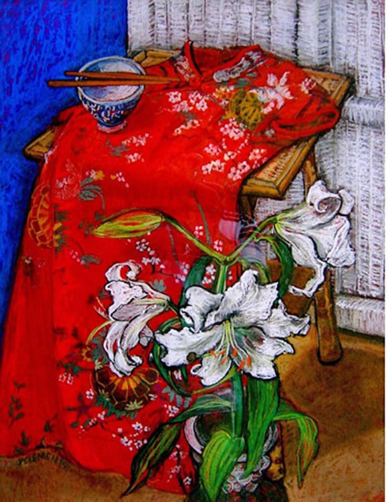 Still life with Lilies and red Kimono Drawing by Patricia Clements ...