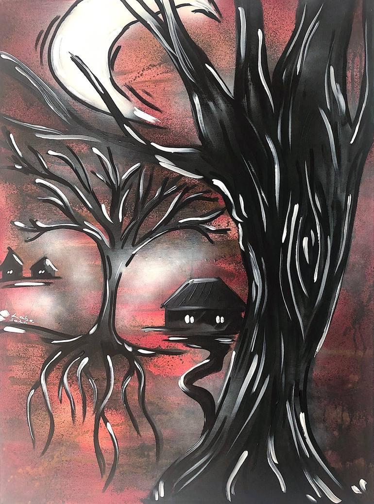 Original surrealist painting - DARK RED FOREST Painting by Nikol Labe ...