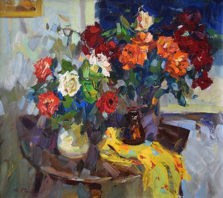 Evening roses Painting by Alexey Dmitriev | Saatchi Art