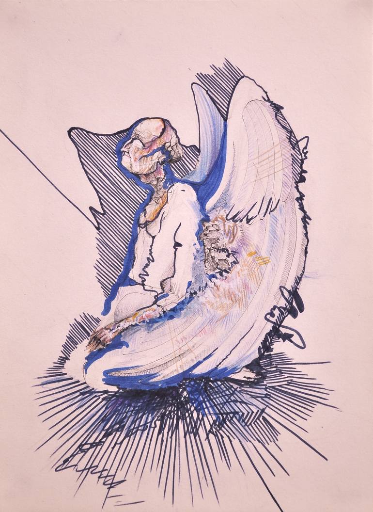 A very old man with Enormous wings Drawing by Daria Khmyzova | Saatchi Art