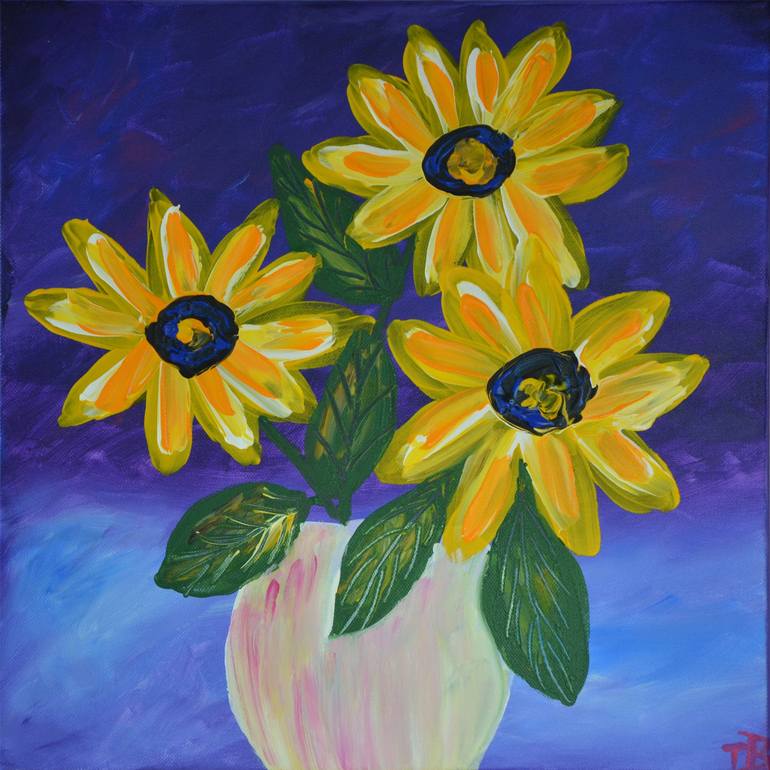 Three Sunflowers Painting by Tanja Bell | Saatchi Art