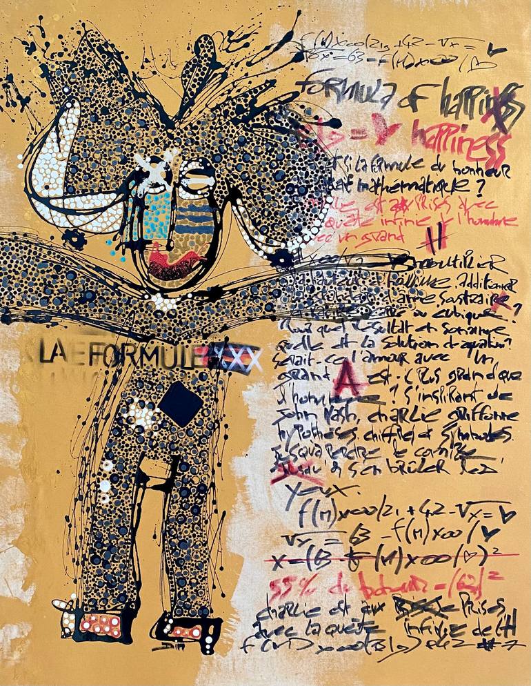 La formule du bonheur, acrylic on canvas, gold background with writings ...