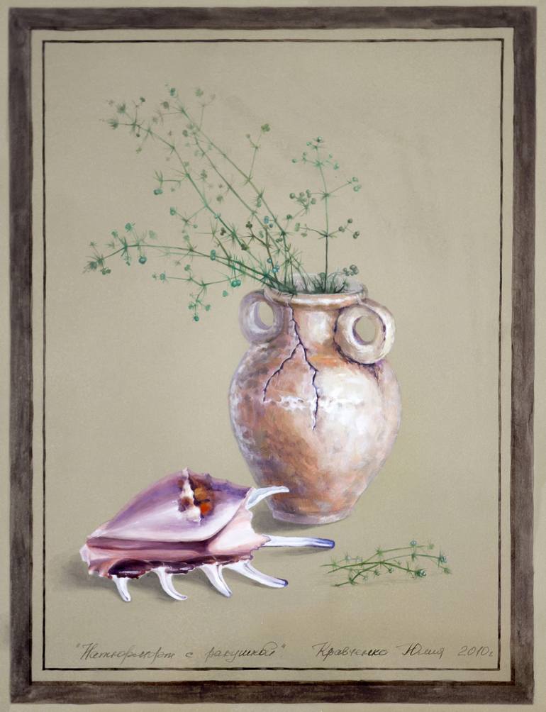 Still Life with a shell classical drawing in a realism-style, original ...