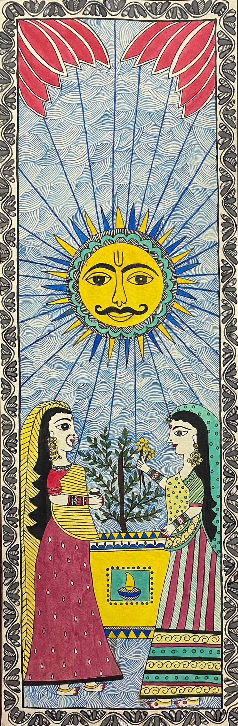 Women worshiping Sun Painting by Indu Prasad | Saatchi Art