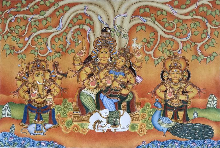 Lord Shiva Family (Shivakudumbam) Kerala Mural Painting Painting by ...
