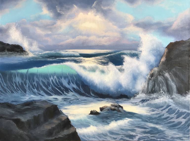 Ocean wave - blue realistic seascape, ocean oil painting Painting by ...
