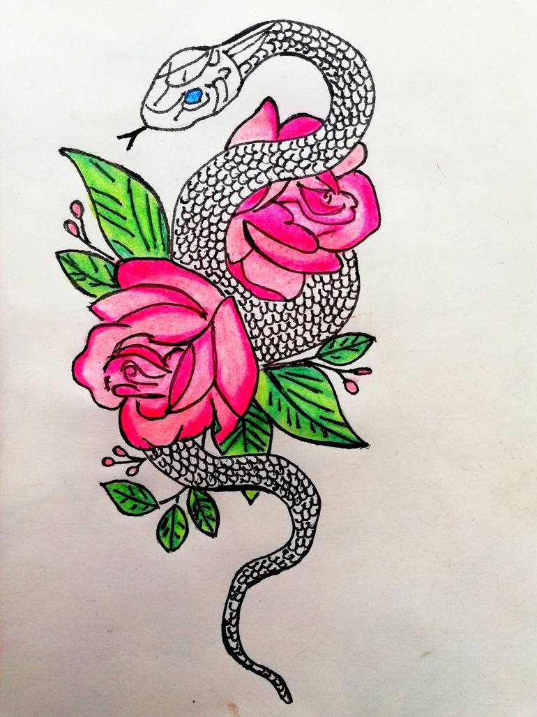 Snake and roses Drawing by Elisa Negri | Saatchi Art