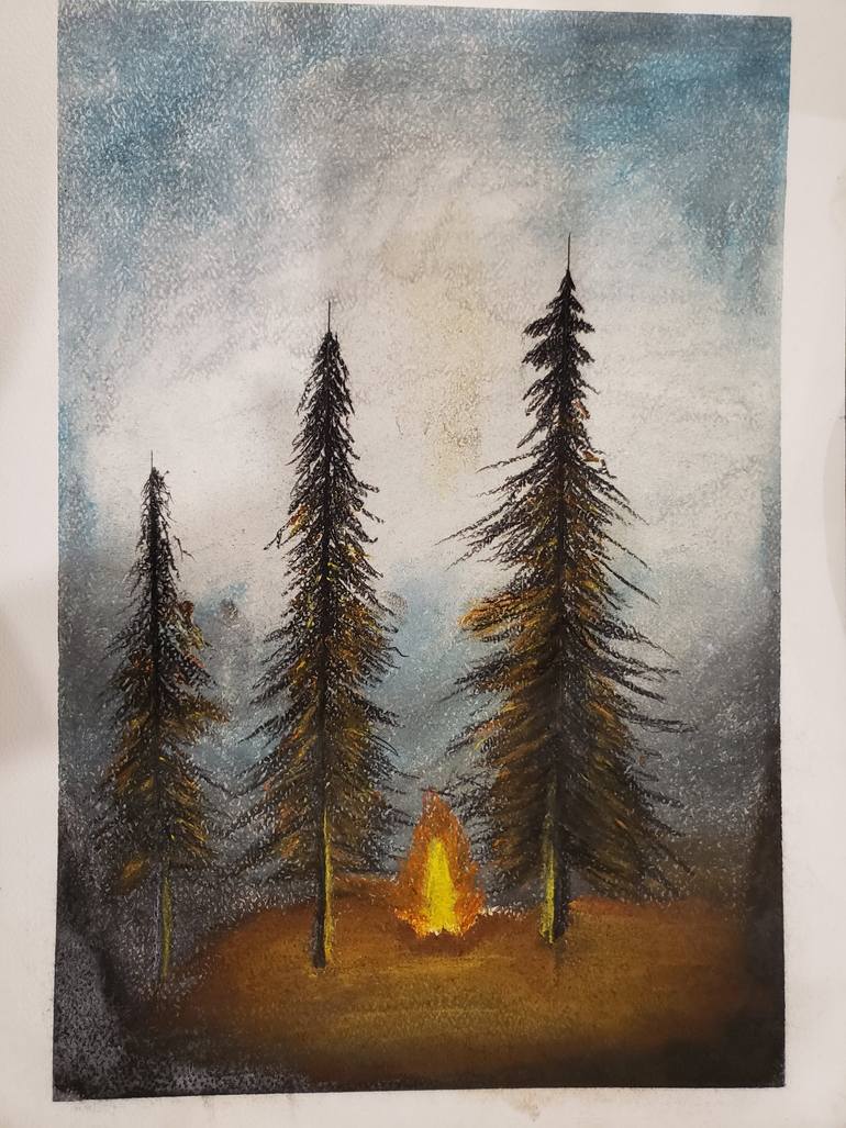 Burning fire beneath the trees Drawing by Bilal Ranjha | Saatchi Art