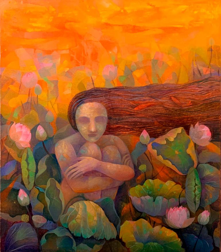 Woman in a Lotus Pond (in Orange) Painting by Sumita Maity | Saatchi Art