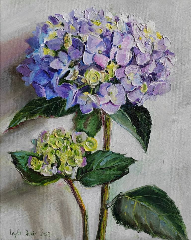 Purple hydrangeas still life Painting by Leyla Demir | Saatchi Art