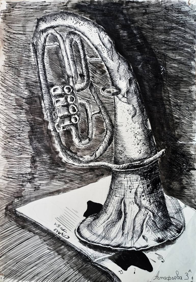 JAZZ MOOD of Old bariton horn. Music still-life. Ink drawing Drawing by ...
