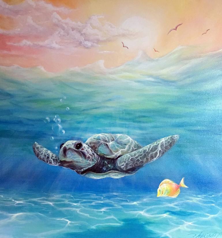 Animal artwork, turtle in the water, water art Painting by Marina ...