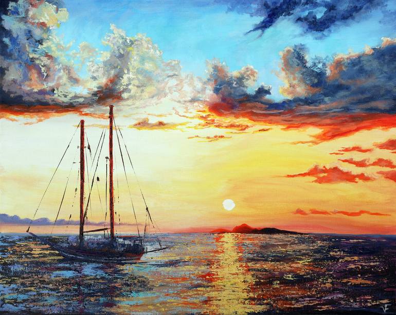 Sunset Seascape Sailboat In Ocean Painting Original Oil Artwork ...