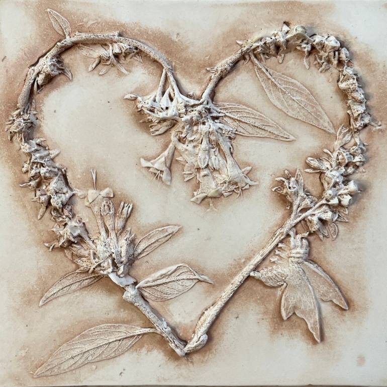 Floral Imprint Cast Heart Tile Sculpture by Ruth Welter | Saatchi Art