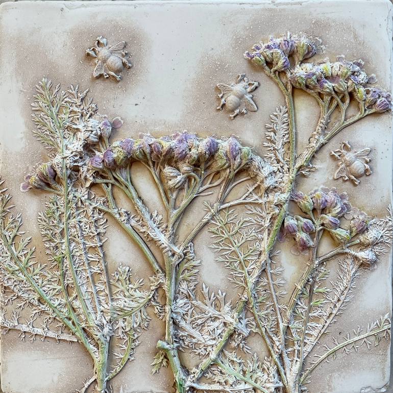 Bumblebees & Yarrow Flowers Botanical Imprint Cast Sculpture by Ruth ...