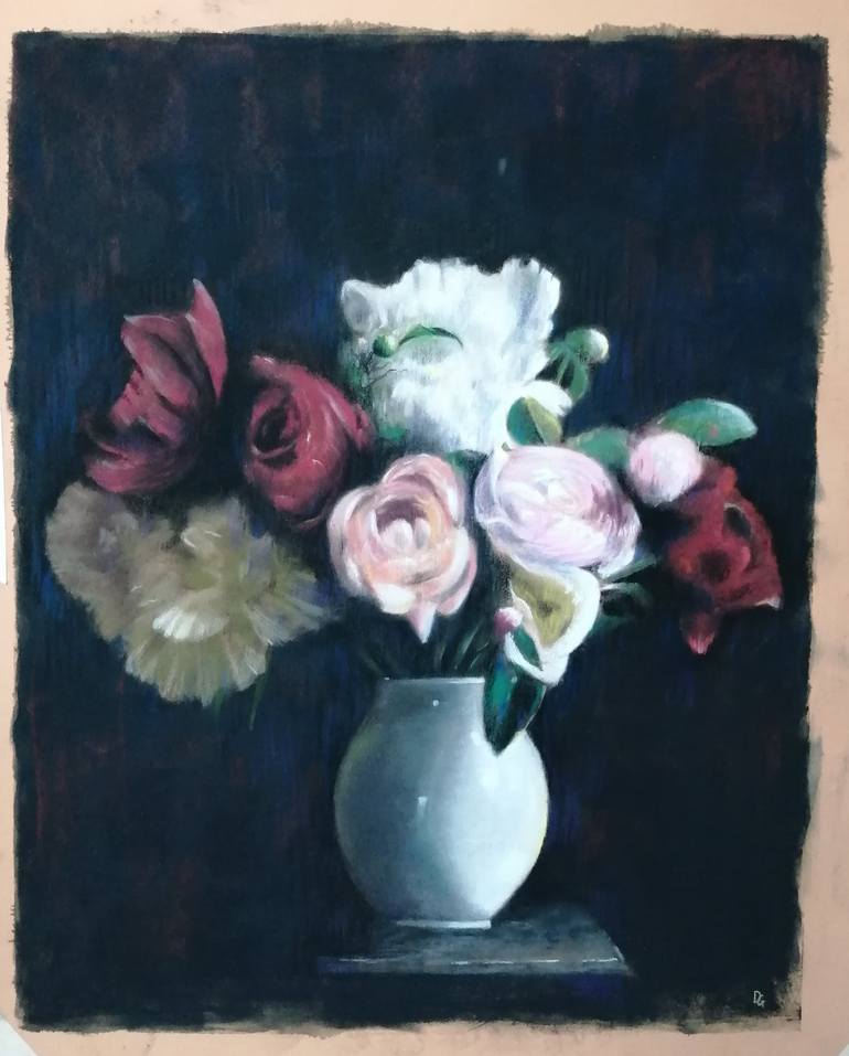 A vase of flowers in pastels Drawing by Darren Golding | Saatchi Art