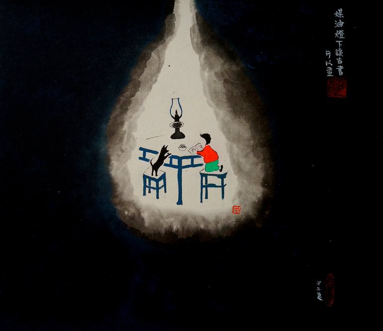 Reading Under a Kerosene Lamp Drawing by Keyi Sheng | Saatchi Art
