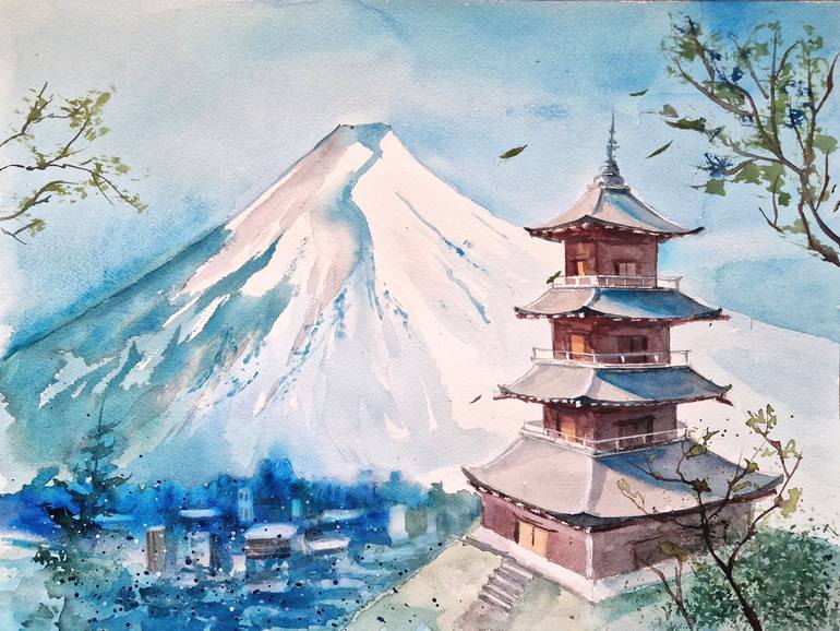 Japan - Mount Fuji with pagoda Painting by Anastassiya Suslova ...