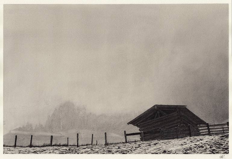 Mountain Hut n°3 (Fog) Drawing by Rik Reimert | Saatchi Art