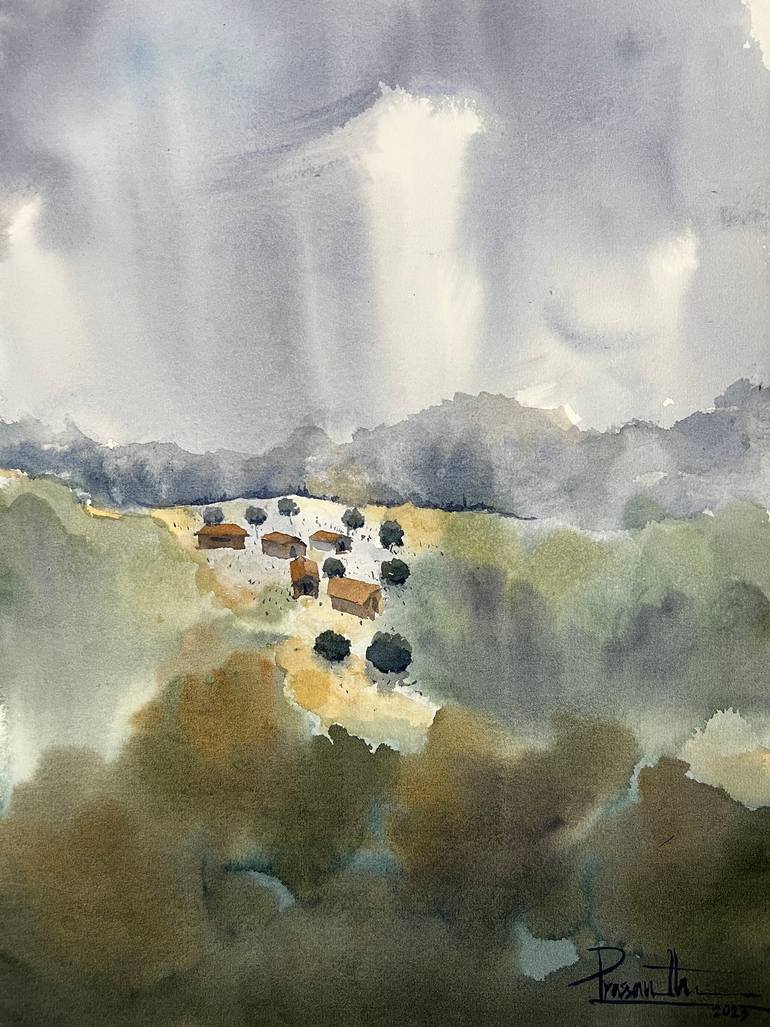 Impression of rainy village landscape Ariel views of India Painting by ...