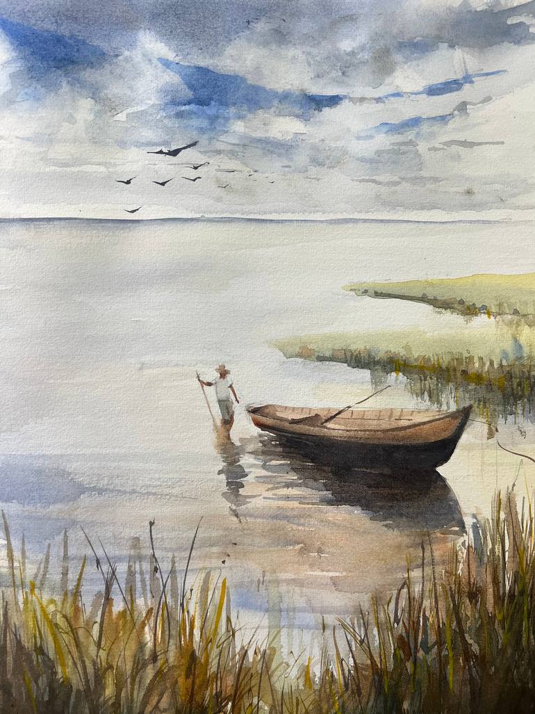 Boat and Lake view Painting by Prasanth Kp | Saatchi Art