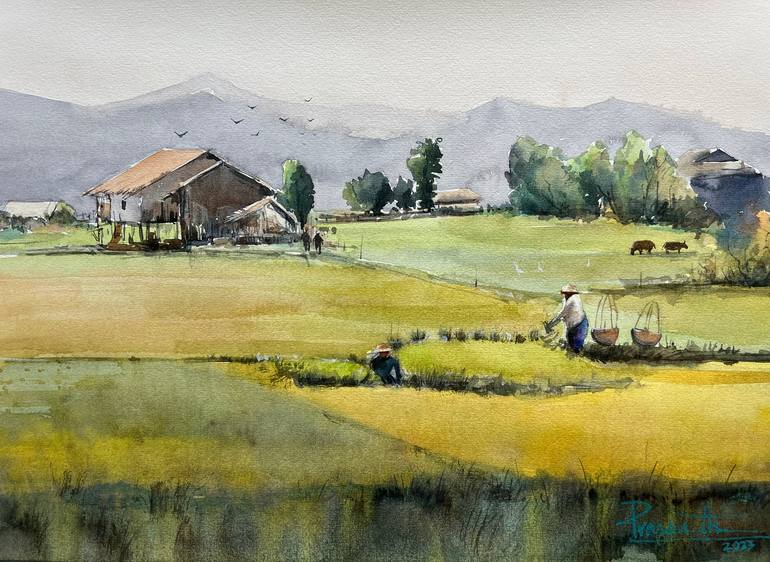 Rice paddy field and farmers house painting Painting by Prasanth KP ...