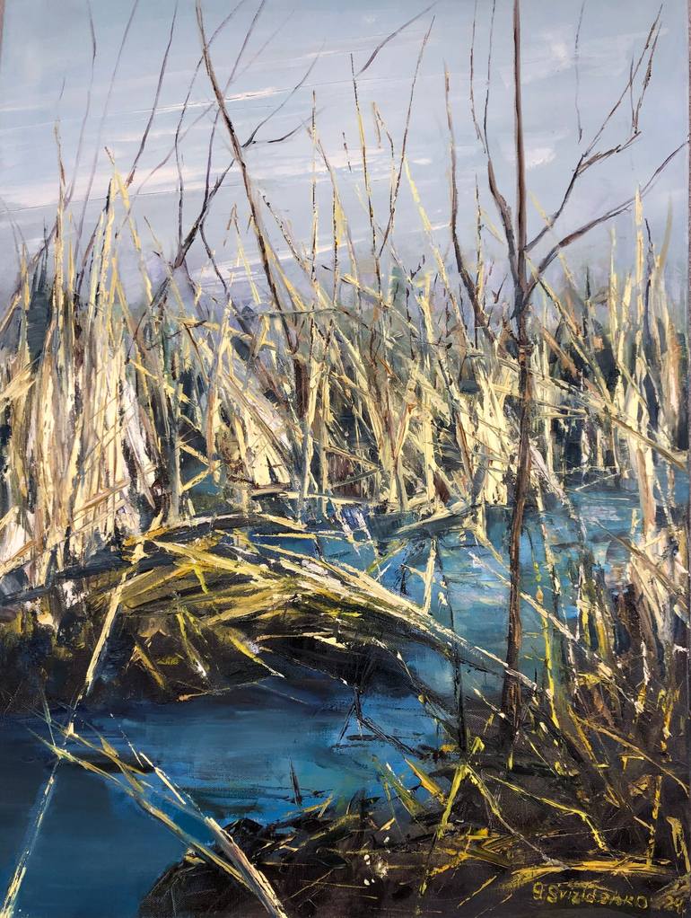 Winter landscape. Reeds and Ice Painting by Galina Sviridenko | Saatchi Art