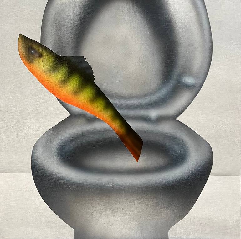 Surreal Airbrush Painting - Fish Jumping From The Toilet Painting by ...