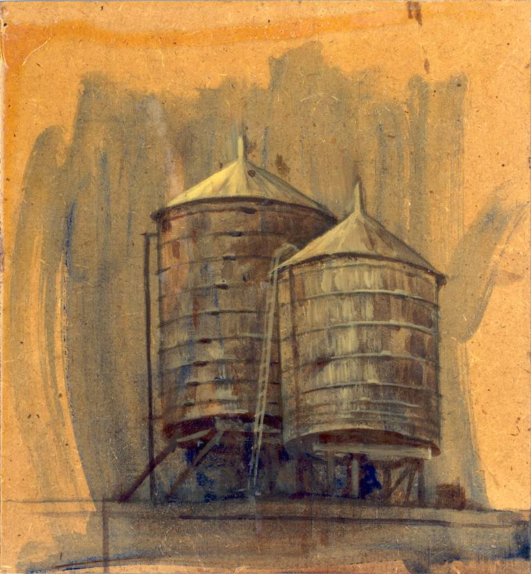 Two Blue Towers on Wood Painting by Jeff Faerber | Saatchi Art