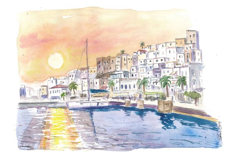 Naxos Romantic Greek Sunset at Harbour Waterfront Painting by M ...