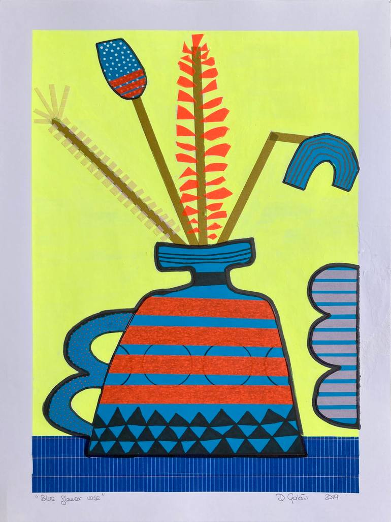 Blue Flower Vase Collage by David Galan | Saatchi Art