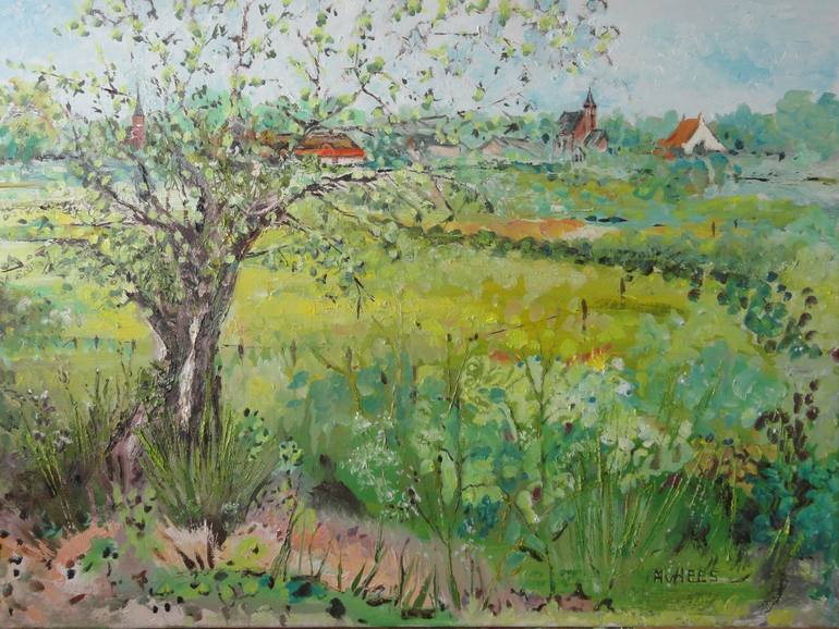 Dutch landscape, Nederasselt, near the river called Maas. Painting by ...