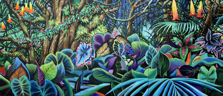 Huge Flowering Jungle Triptych Painting by Geoff Greene | Saatchi Art