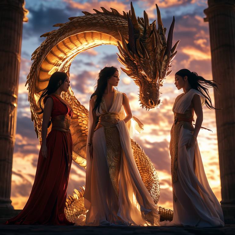Golden Dragon and The Three Goddesses Digital by Tobe Roberts | Saatchi Art
