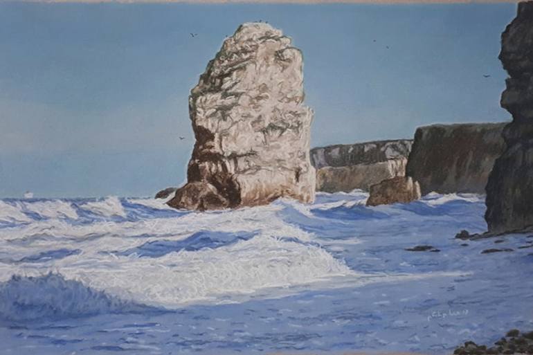 Sea stack, rough sea Drawing by Philip Lee | Saatchi Art