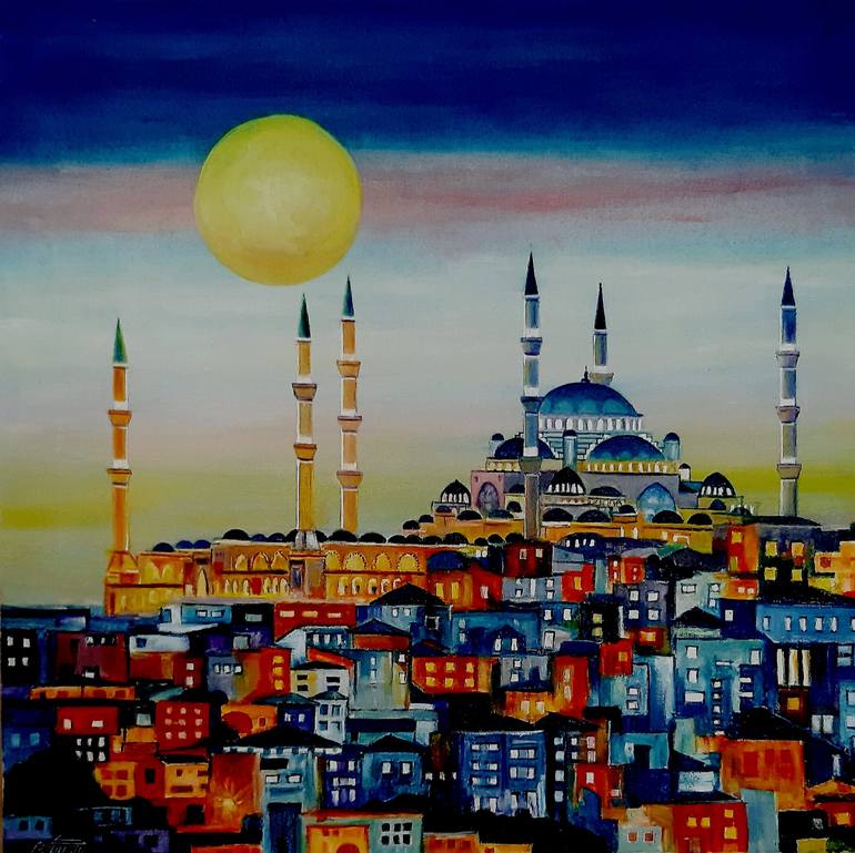 Blue Mosque after Sunset Painting by Mukarram Sousli | Saatchi Art